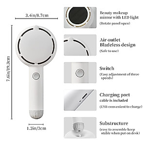 Star Compass Mini Handheld Fan, Battery Operated Rechargeable Portable Fan with LED Light Makeup Mirror, Bladeless Small Personal Fan 3 Speeds Eyelash Fan for Women Girls Outdoor Travel (White)