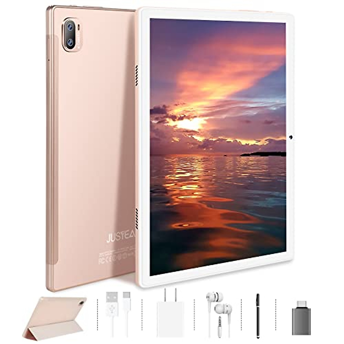 JUSYEA 2023 Tablet 10 Inch Android 12 Tablets J10 Tablet 4GB RAM, 64GB+128GB ROM, 2.0Ghz Octa-core processors-8000mAh Battery, 5G+2.4G Wi-Fi, Bluetooth 5.0, Metallic Body with Case+Stylus- Gold