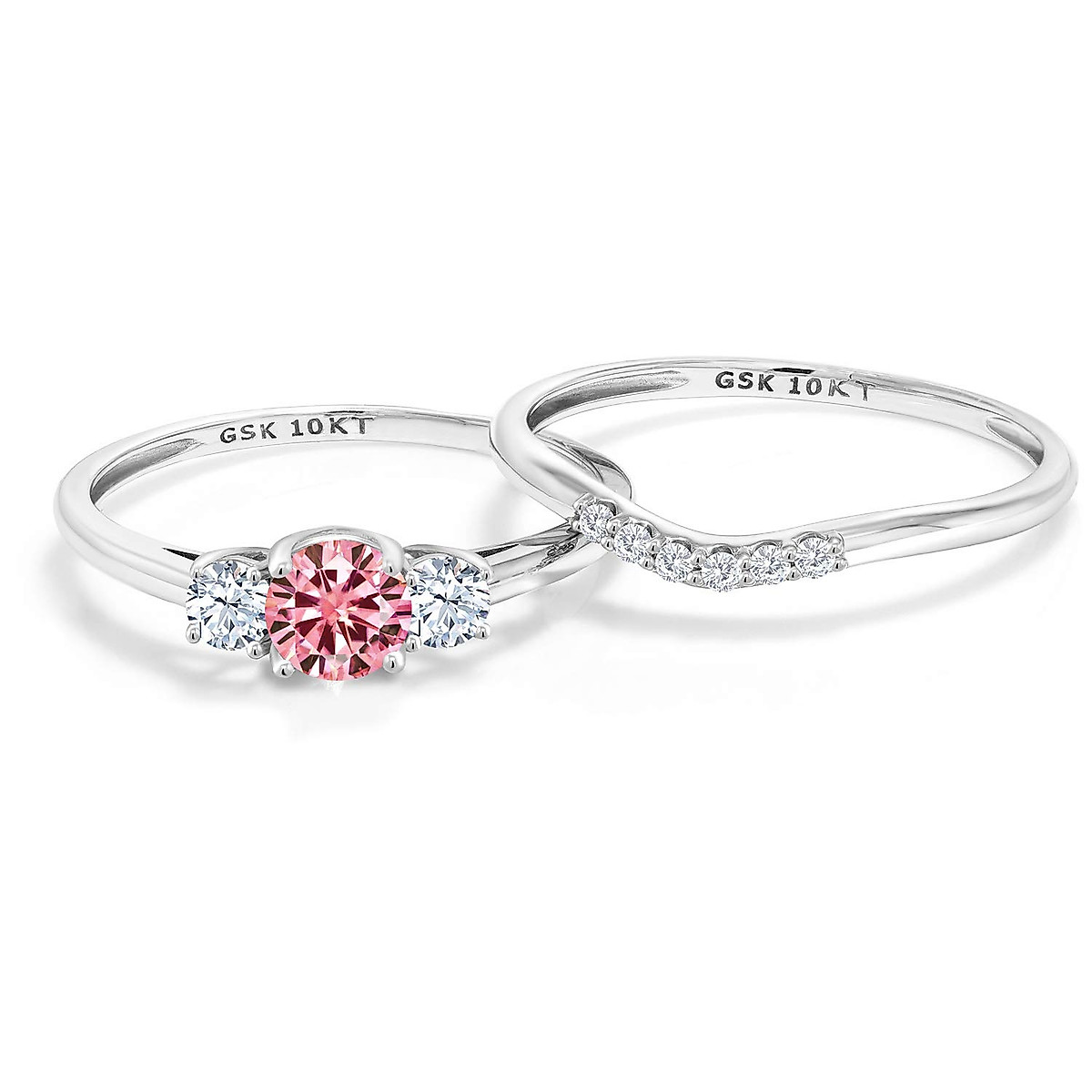 Gem Stone King 10K White Gold Pink Moissanite and White Created Sapphire and White Lab Grown Diamond 3-Stone Bridal Engagement Wedding Ring Set For Women (0.80 Cttw, Gemstone, Round 5MM, Size 6)