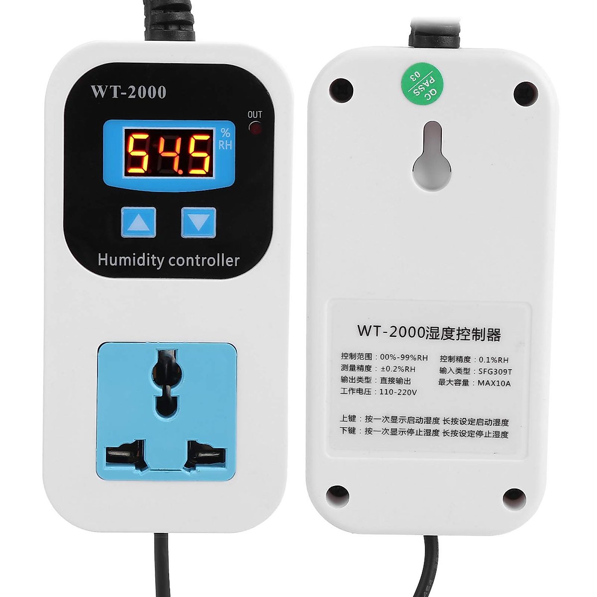 Digital Humidity Controller WT‑2000 110‑220V 0%~99%RH with Humidity Sensor Humidify Dehumidification Switch Socket 0.1%RH Accuracy(US Plug)