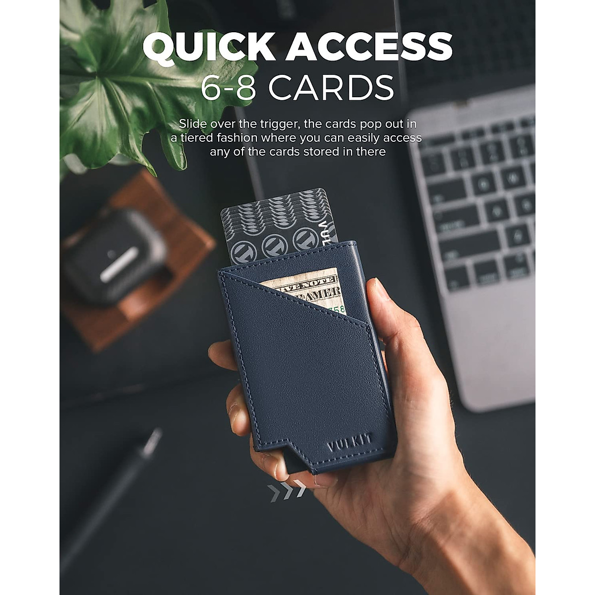 VULKIT Pop up Card Wallet RFID Blocking Slim Aluminum Metal Bank Card Holder Case with Business Money Pocket for Credit Cards Notes and Coins (Navy)