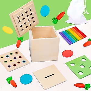 4-in-1 Montessori Wooden Toy for 1+ Year Old,Wooden Play Kit Kids Toy Box - Carrot Harvest Games, Infant Coin Box, Fine Motor Skills Toys and Cotton Swab Drop Game Box,Gift for Babies 6-12 Month