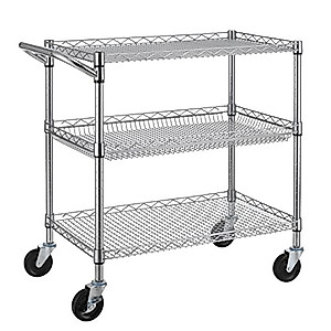 Finnhomy 3 Tier Heavy Duty Commercial Grade Utility Cart, Wire Rolling Cart with Handle Bar, Steel Service Cart with Wheels, Utility Shelf Plant Display Shelf Food Storage Trolley, NSF Listed