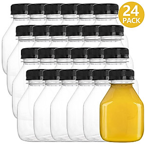 DEAYOU 24 Pack Plastic Juice Bottles, 8 OZ Empty Clear Beverage Bottles with Caps, Small Reusable Drink Container with Black Tamper Evident Lid for Take Out, Milk, Smoothie, Juicing, Cold Drinks