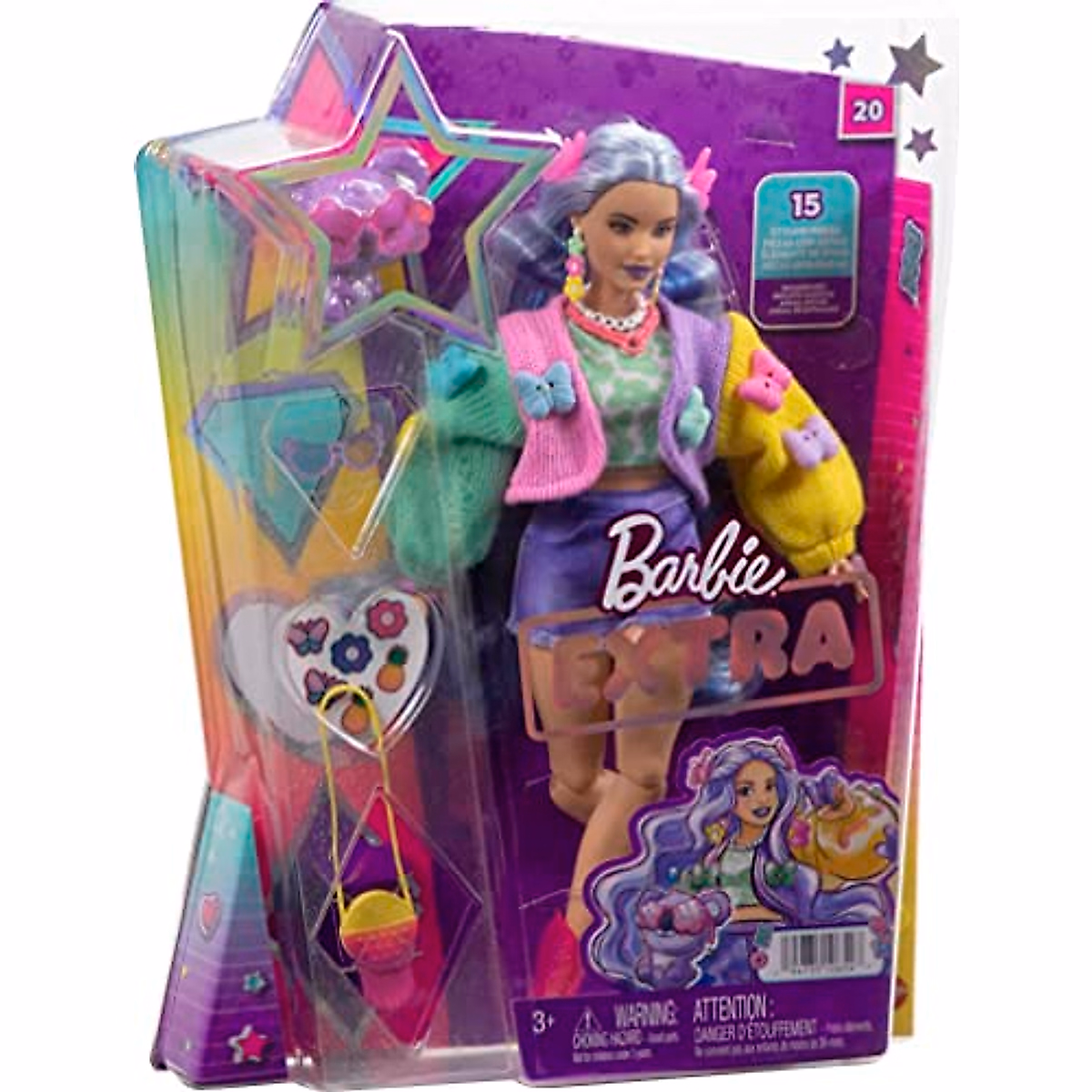Barbie Extra Doll & Accessories with Wavy Lavender Hair in Colorful Butterfly Sweater & Pink Boots with Pet Koala
