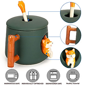 YLOKO Cute Ceramic Coffee Mug with 3D Shiba Inu, Cute Mugs with Lid Paw Spoon, Novelty Morning Tea Mug, Birthday Gifts for Women Sister Girlfrend Kids 14oz (Green)