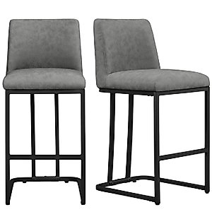 Yaheetech Counter Height Bar Stools 24'' Bar Stools Set of 2 Leather Bar Chairs Modern Upholstered Barstools with Back for Kitchen Counter Gray