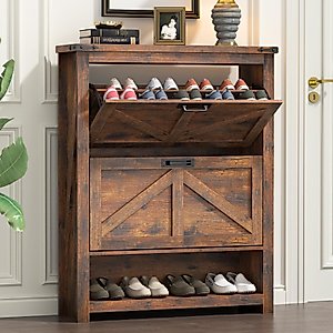 Loomie Farmhouse Shoe Cabinet, Freestanding Tipping Bucket Shoe Rack Organizer with 2 Flip Drawers & Door, Entryway Narrow Shoe Storage with Storage Cubby,Modern Slim Hidden Shoe Cabinet,Vintage Brown