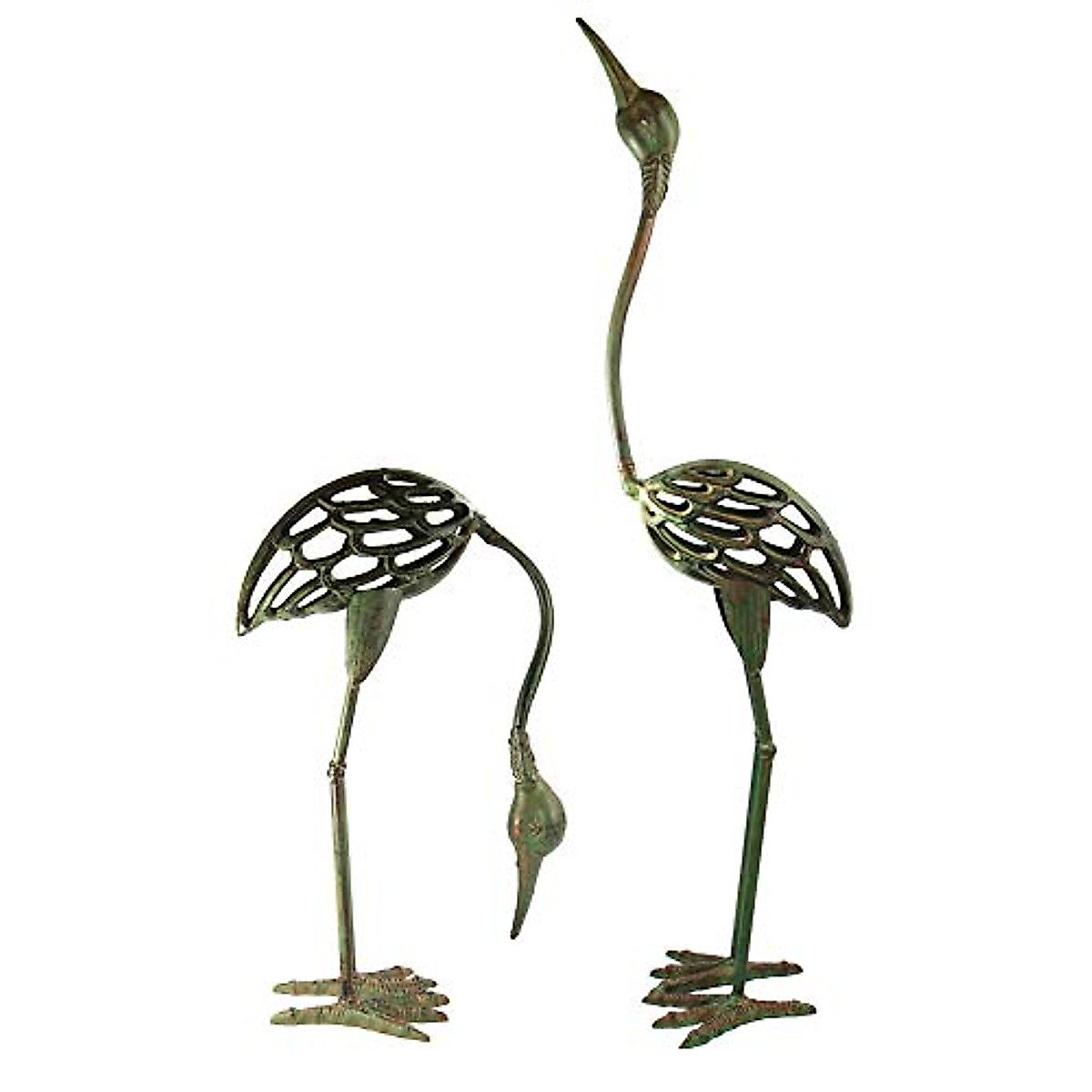 Seraphic Cast Iron Garden Decor Crane Bird Statues, Antique Green, Set of 2