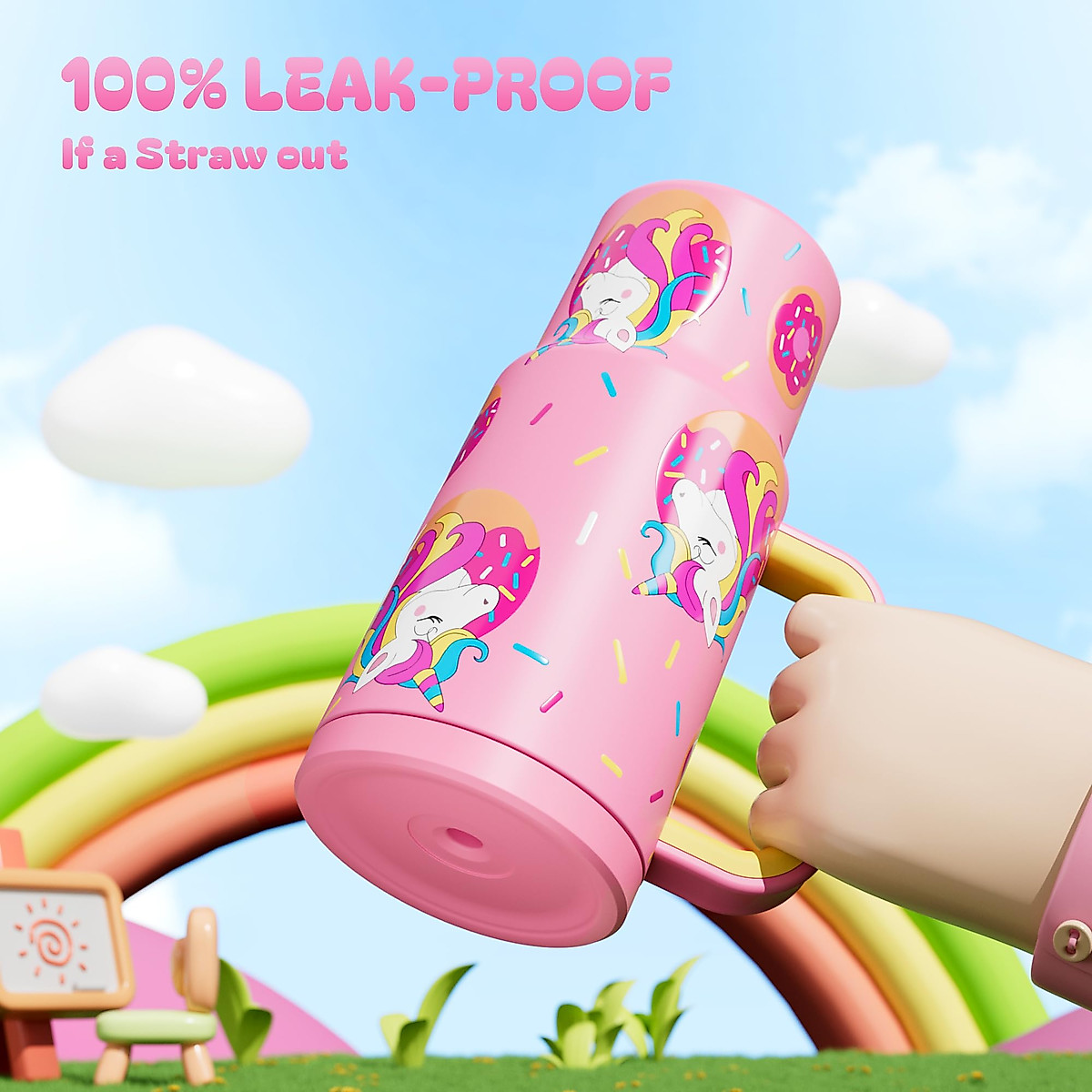 Meoky 24 oz Tumbler with Handle and Straw, 100% Leak-proof Tumbler with Lid and Straw, Insulated Stainless Steel Travel Coffee Mug, Keeps Cold for 24 Hours (Unicorn & Celebration)