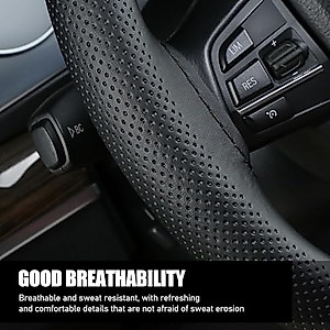 QODOLSI 1 PC Car Steering Wheel Protector Cover, 14.96" Hand-Stitched Leather Sweat-Absorbent Steering Wheel Cover Tie with Air Hole, Motors Comfort Touch Accessory, for Cars, SUVs (Black)