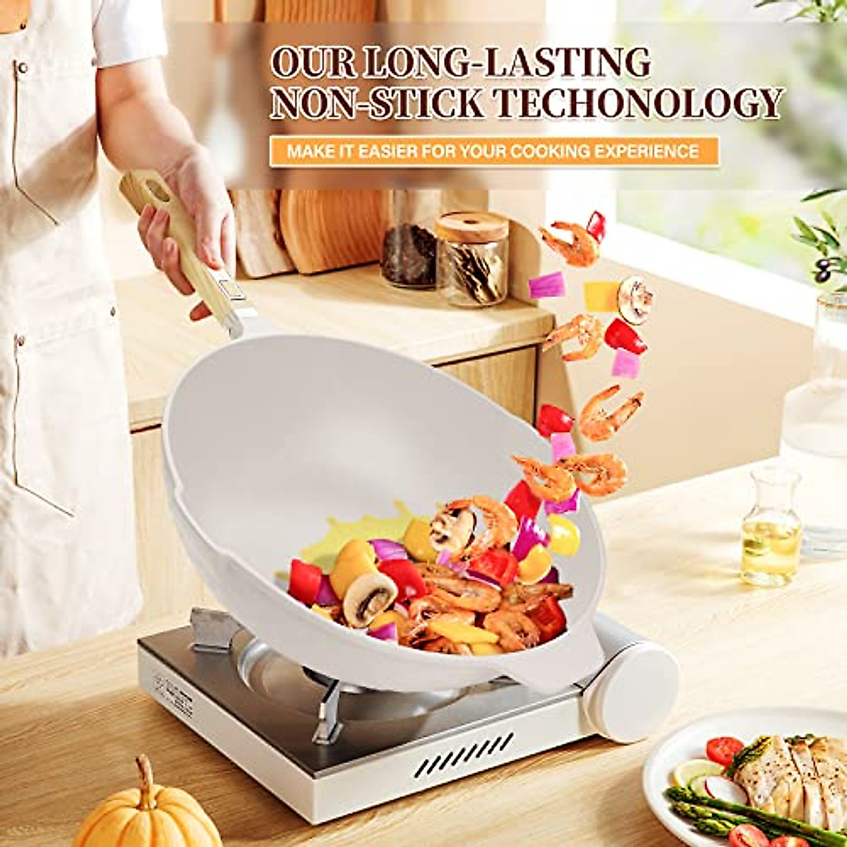 Ilovfeot Nonstick Wok Pan with Lid,Non Stick Wok Frying Pan 13 inch with Stay Cool Handle,Cooking Wok,Induction Compatible,Scratch Resistant,Dishwasher and Oven Safe