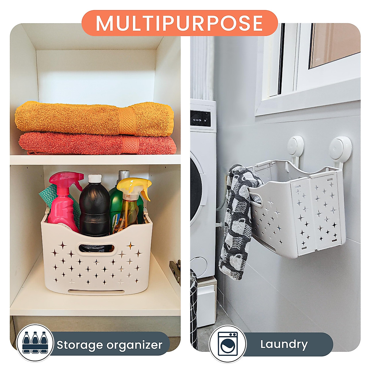Generic Multipurpose Foldable Storage Caddy with 2 Suction Cup Hooks, Best Used as Bathroom Organizers and Shower Caddy, Portable and Easy-to-Clean, Holds up to 4KG, white