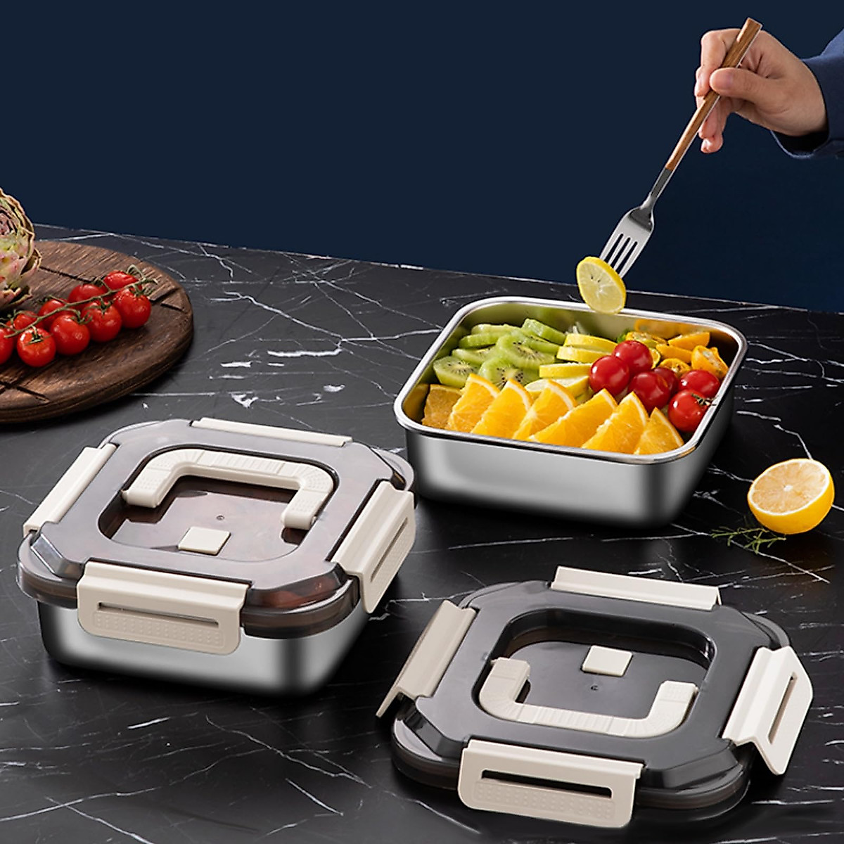 ATRDTO Stainless Steel Food Storage Containers with Lids Airtight Food Containers with Handle Metal Food Prep Containers for Freezer Fridge Oven Dishwasher Safe 95oz