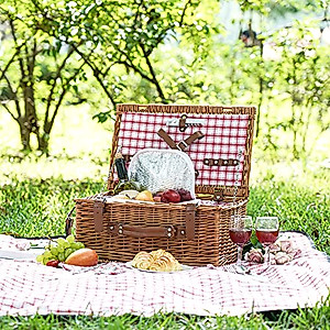 Wicker Picnic Basket Set for 2 Persons with Waterproof Picnic Blanket and Large Insulated Cooler Compartment, Willow Picnic Hamper Basket with Cutlery Service Kits for Camping, Wedding, Anniversary
