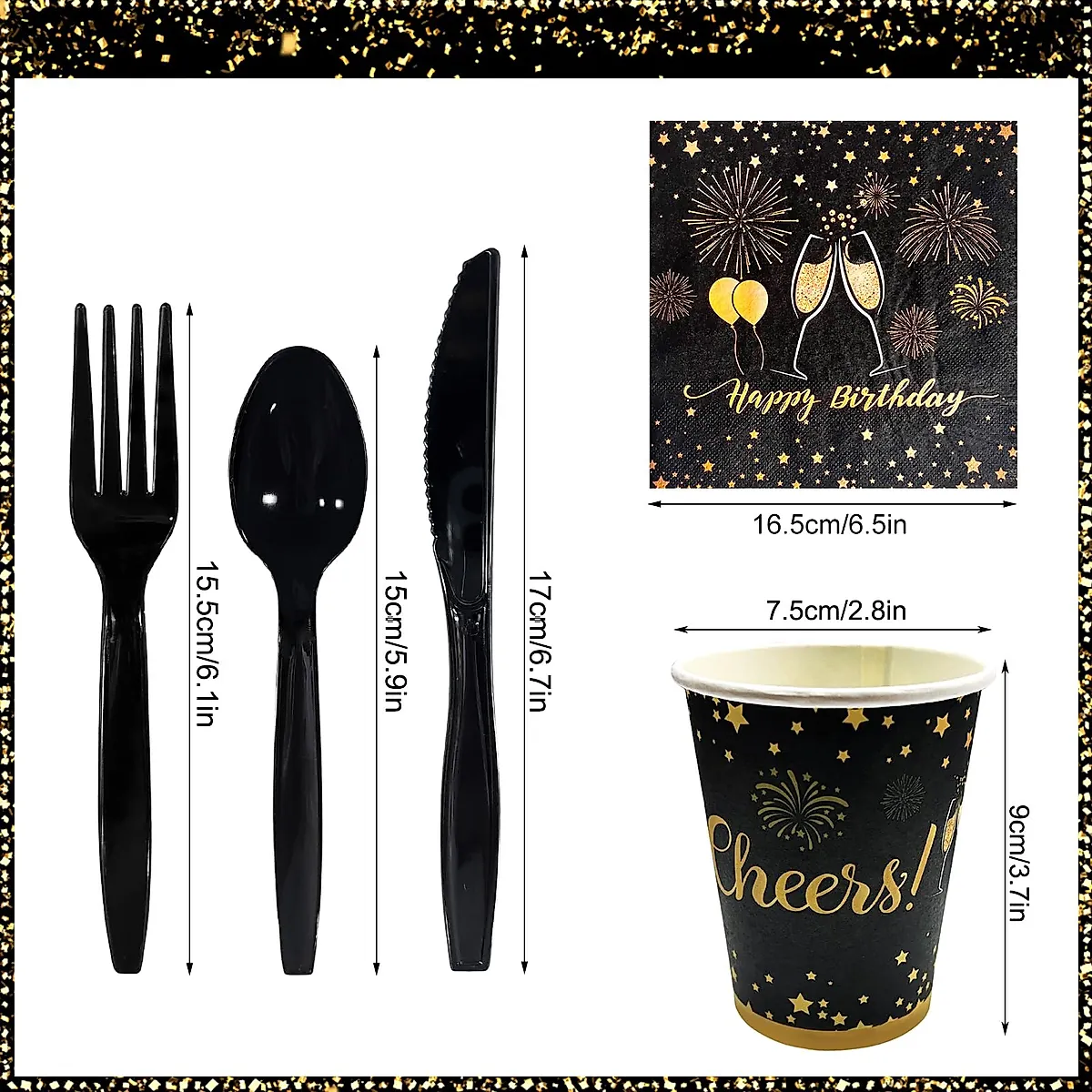 Black and Gold Happy Birthday Party Supplies Tableware Set-Dinner Dessert Cake Plates, Napkins, Cups, Tablecloth, Banner for Wedding Retire Party Decoration for 30th 40th 50th 60th Anniversary