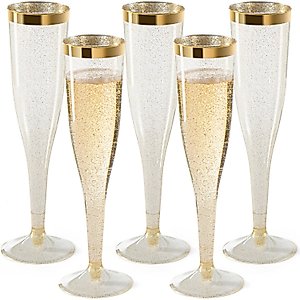 CHATEAU FINE TABLEWARE 36 Plastic Champagne Flutes, 6.5 Oz Plastic Glasses Gold Rim & Glitter Gold Mimosa Glasses, Brunch Decor, Plastic Flutes Champagne Disposable