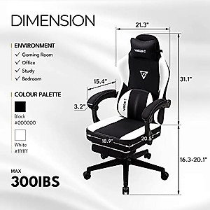 Vigosit Gaming Chair with Footrest, Fabric Gamer Chair with Lumbar Support Pillow, Computer Game Chairs for Adults, Big and Tall Office Chair Gaming 300LBS (Black White)