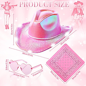 Unittype 18 Pack Cowboy Hat Bride Bachelorette Cowgirl Hat LED Cowboy Hat with 6 Glasses 6 Bandana for Women Cowboy Costume (Pink)