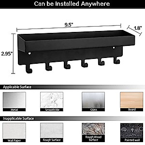 KingAcc Key Holder for Wall Decorative, Wall Mounted Key and Mail Organizer, Adhesive Key Rack/Hanger with Tray,6 Key Hooks for Entryway Hallway Kitchen Farmhouse (Black)