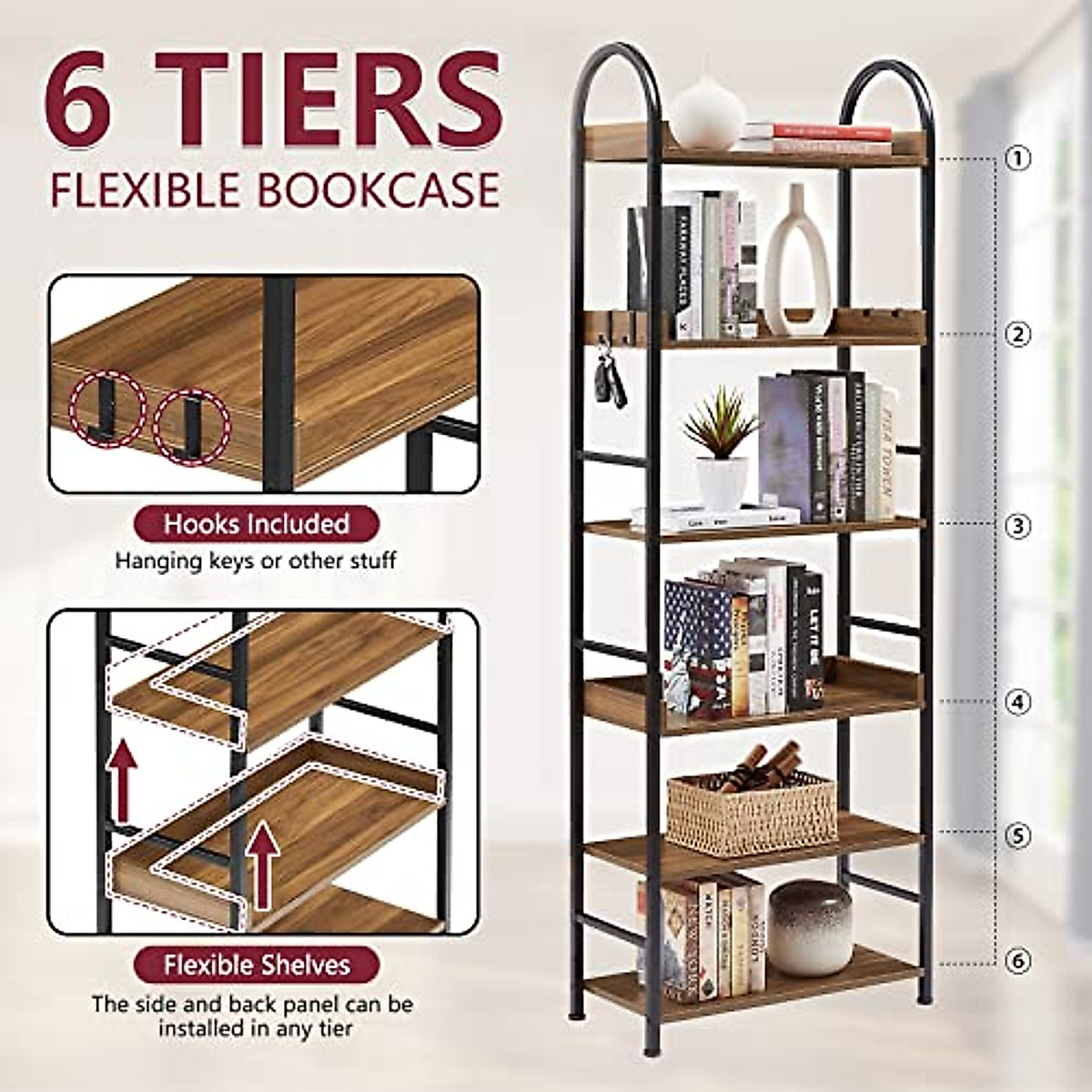 SPOWAY 6 Tiers Bookshelf, 70.8" Tall Bookcase with Round Top, Industrial Book Rack Display Shelves Organizer with Metal Frame for Living Room, Office, Bedroom (Wood Color)