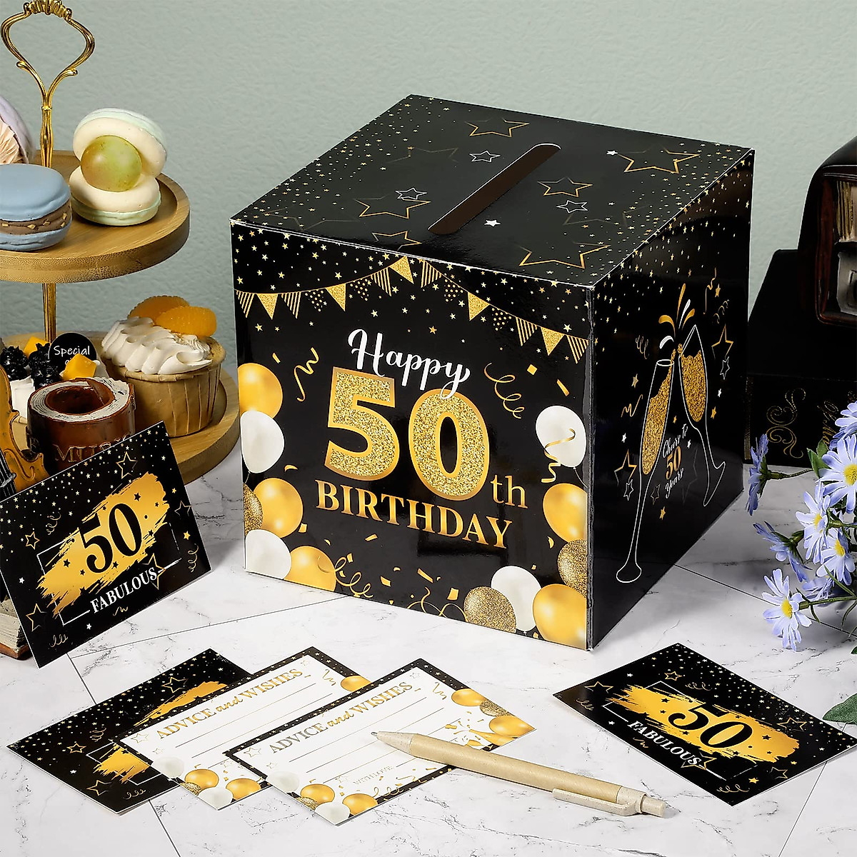 50th Birthday Party Message Card Box Cheers to 50 Years Advice and Wishes Card Box for Adults 50th Birthday Decorations Greeting Card Party Supplies 50th Anniversary Decor Tables Sign Decor