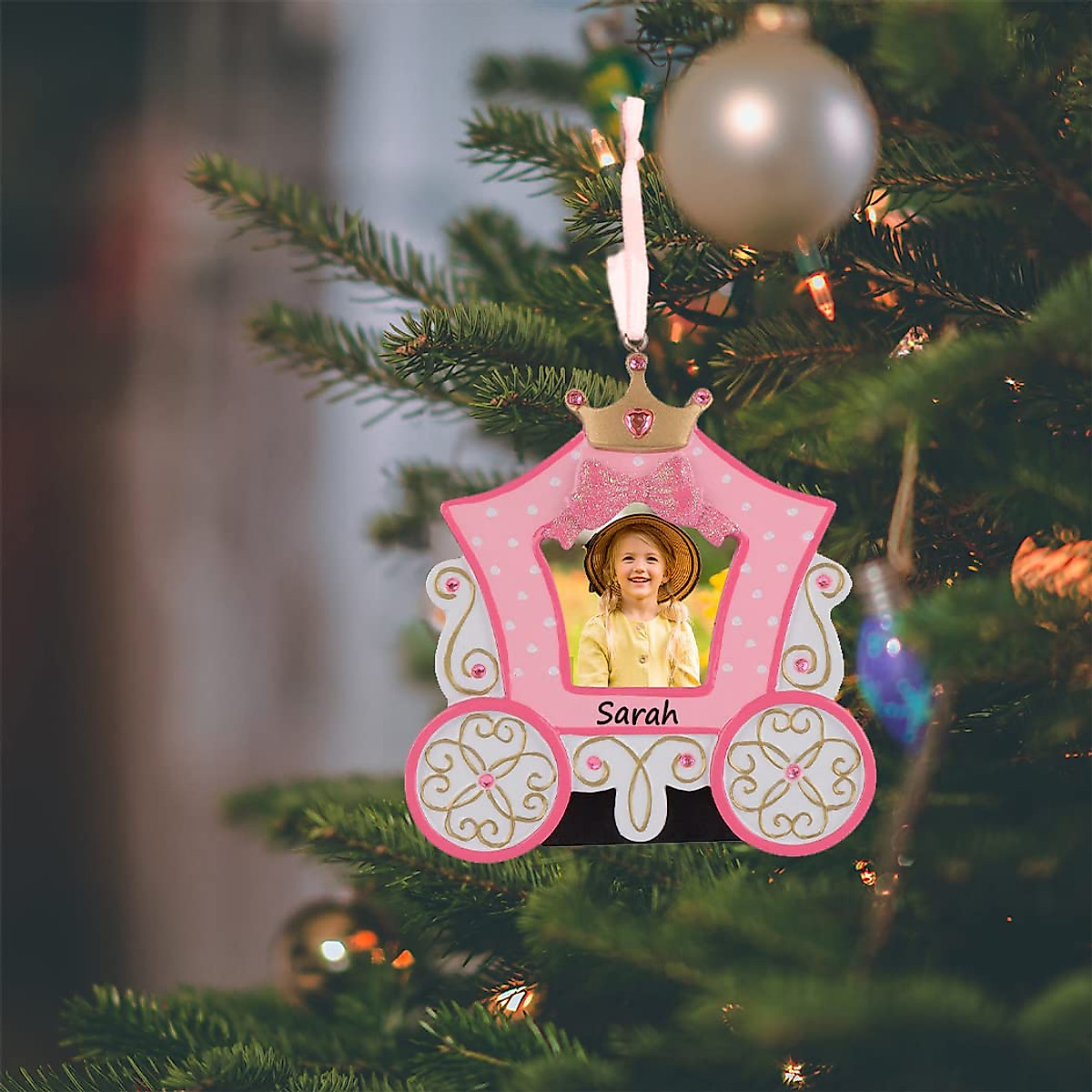 Personalized Baby Photo Frame Christmas Tree Ornament - Baby Girl Princess Carriage Ornament - Pink Baby Ornament - Unique Keepsake Gifts for Girl, Grandkid, Daughter