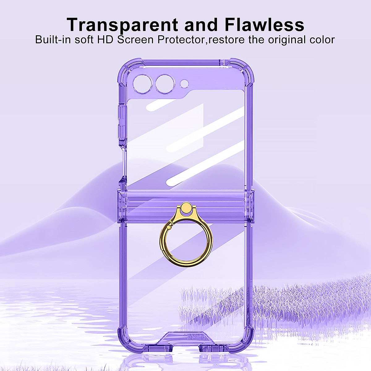 PUROOM for Samsung Galaxy Z Flip 5 Case Hinge Protection Luxury Soft Transparent with Ring Holder Built-in Screen Protector All-Inclusive Shockproof Case (Purple)