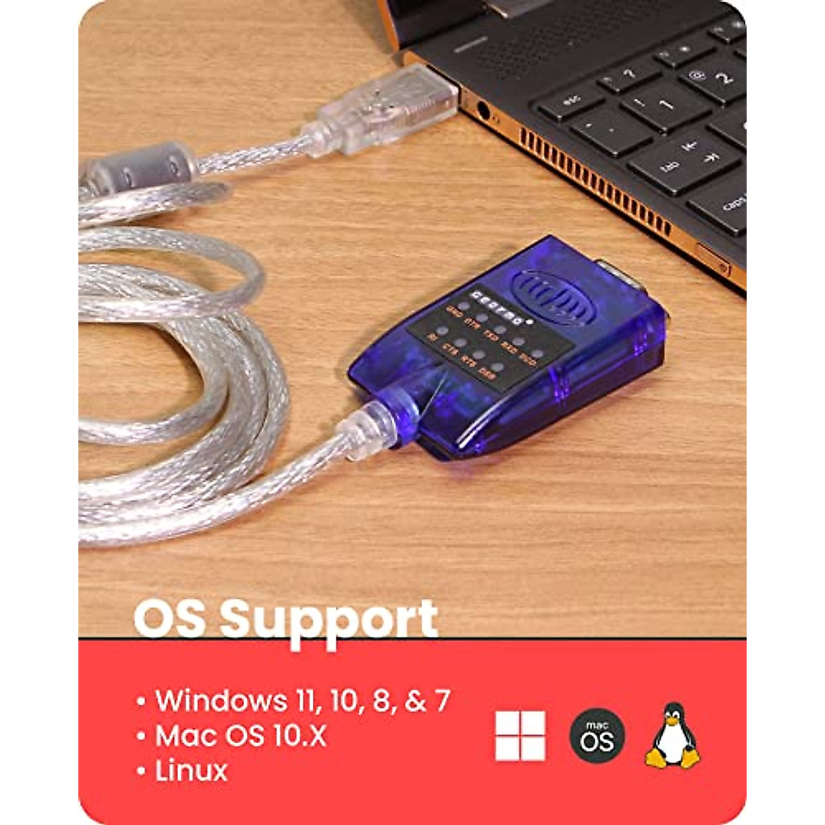 Gearmo USB to Serial RS-232 Adapter with LED Indicators, FTDI Chipset, Supports Windows 11/10/8.1/8/7/, Mac OS X 10.6 and Above