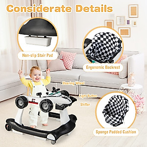 GLACER 4-in-1 Baby Walker, Folding Infant Walker with Adjustable Height & Speed, Music Box with Light, Steering Wheel, Soft Cushion, Toddler Toy Activity Center for Babies Aged 6-18 Months