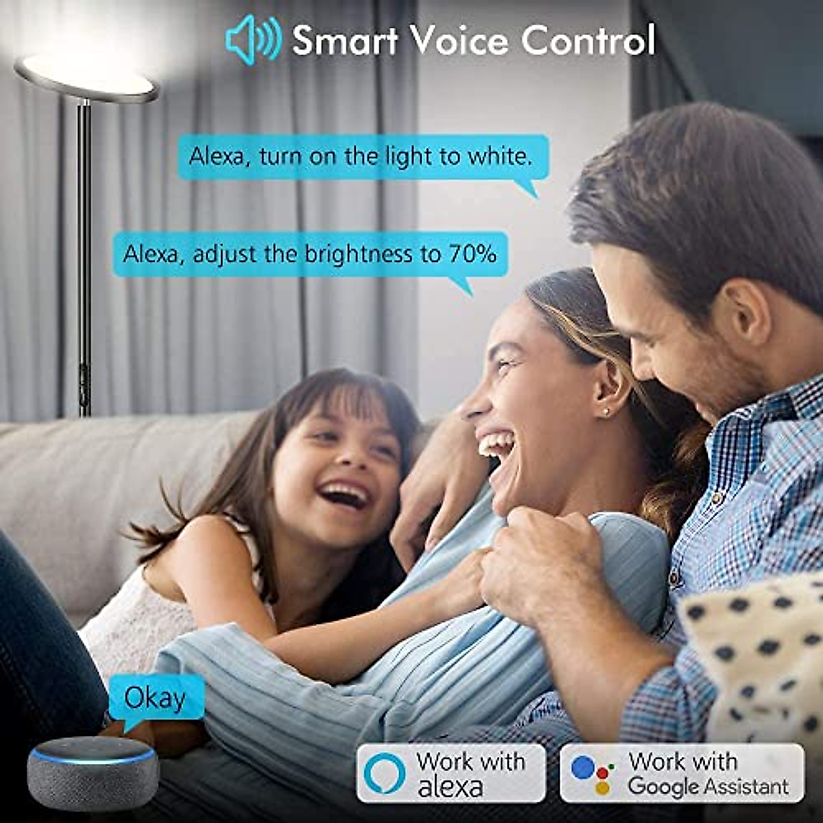 Floor Lamp, Super Bright RGBW Smart WiFi LED Floor Lamp for Reading, Dimmable Torchiere, for Living Rooms Bedrooms, for DIY, Compatible with Alexa & Google Home, Black, 25W