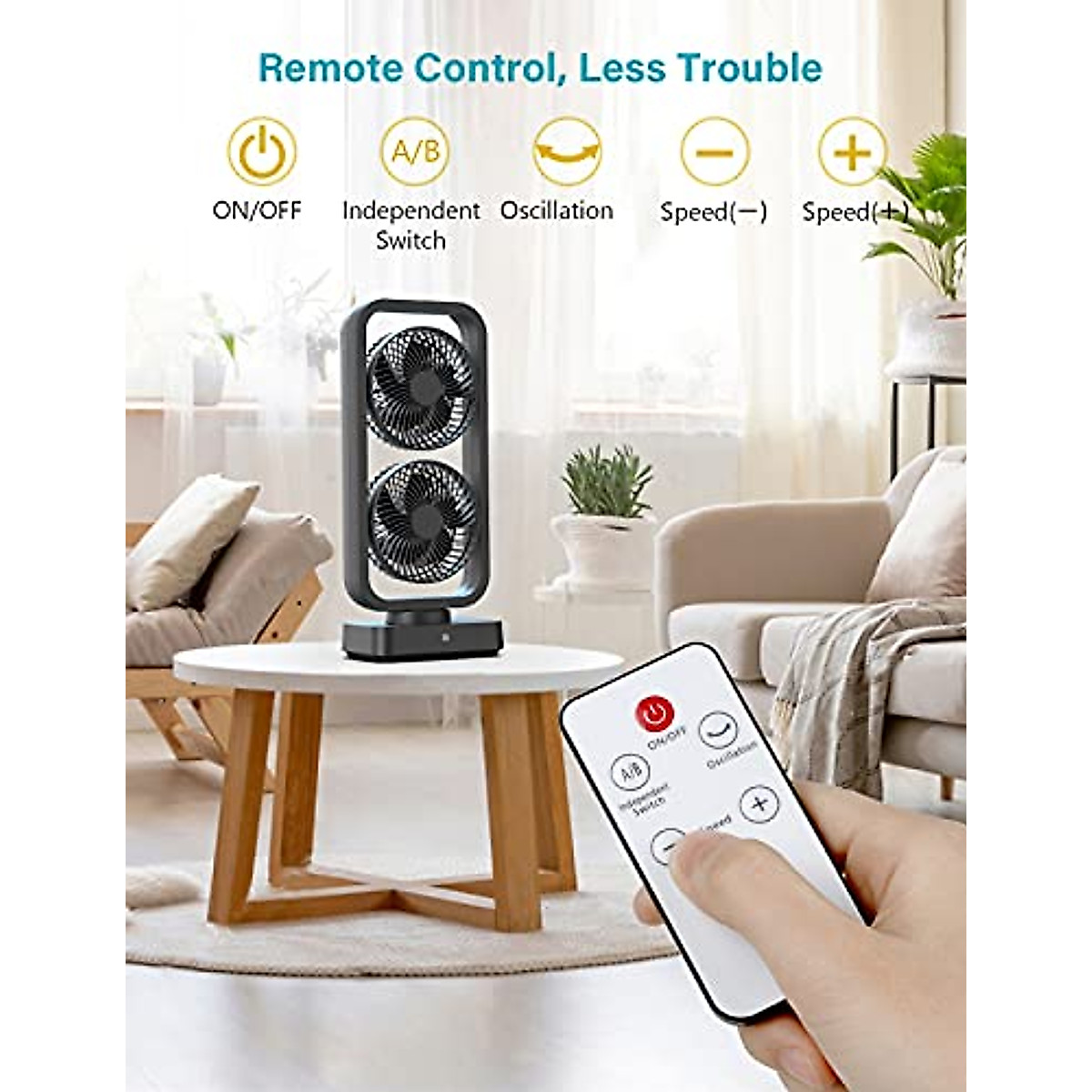 16 Inch Desk Fan, 5000mAh Battery Operated Fan ,Oscillation Tower Fan with Remote, Portable Rechargeable Table Fan with 2 Fan Heads, 270° Oscillation Personal Fan for Bedroom Office Camping Travel