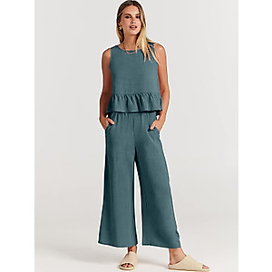 ANRABESS Women Summer 2 Piece Outfits Sleeveless Tank Crop Top Wide Leg Pants Linen Jumpsuits Lounge Matching Beach Sets Cyan Blue Large