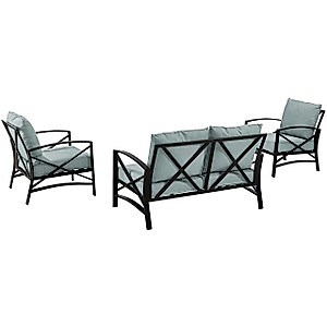 Crosley Furniture Kaplan 3-Piece Outdoor Loveseat Patio Furniture Set, Conversation Sets for Porch, Deck, White with Navy Cushions