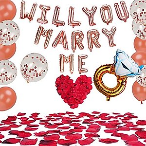 Rose Gold Will you marry me Balloons Marry Me Balloons and 2000 PCS Dark-Red Silk Rose Petals Wedding Flower ,Perfect for Marriage Proposal Ideas Wedding Love Wedding Party Decorations