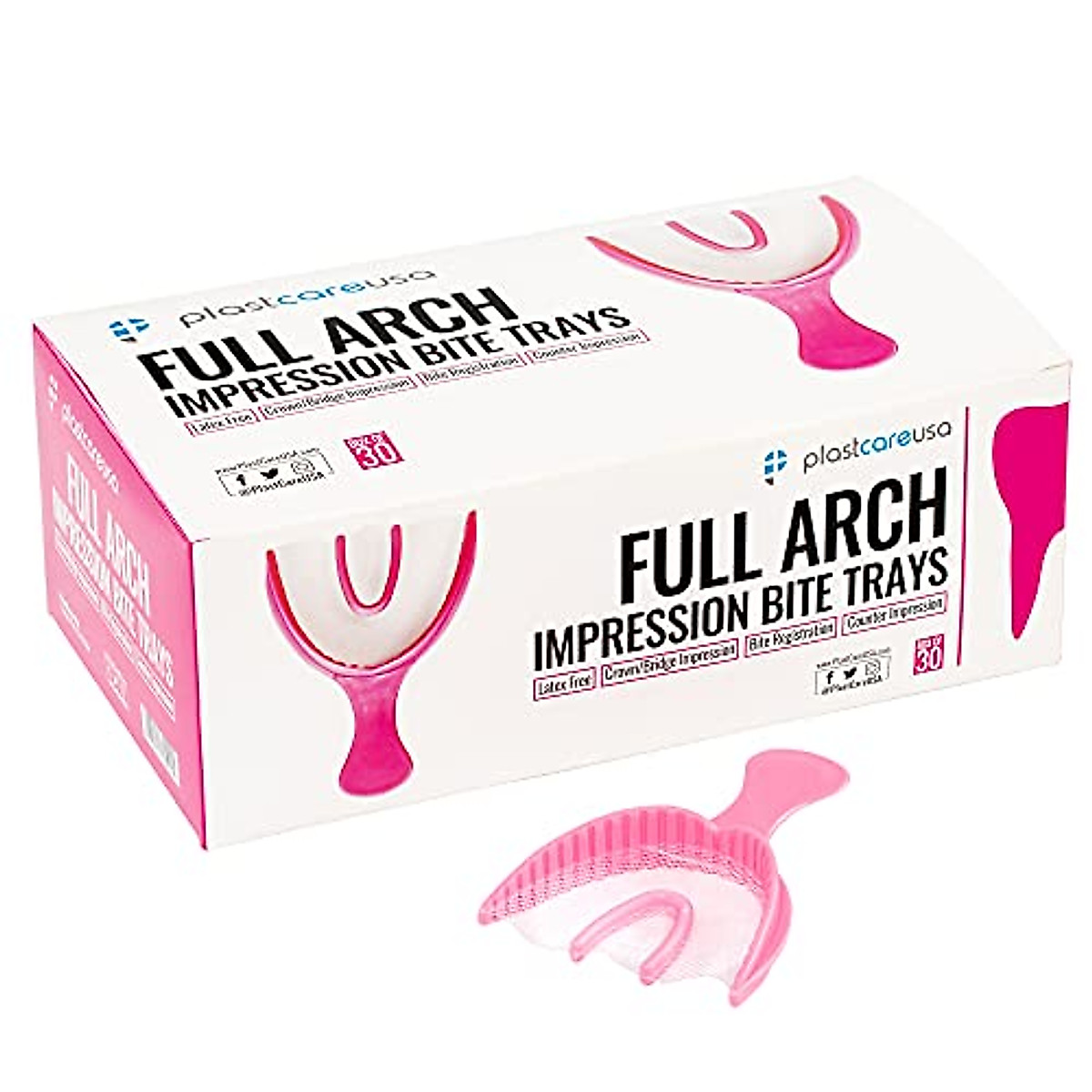 30 Full Arch Pink Disposable Dental Bite Registration Trays for Teeth Molds, 1 Box of 30 Bite Impression Trays