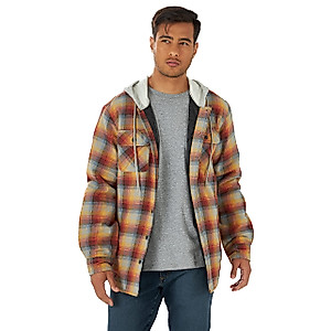 Wrangler Authentics Men's Long Sleeve Quilted Lined Flannel Shirt Jacket with Hood, Red/Yellow, Medium