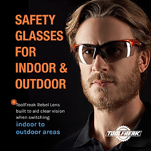 ToolFreak Rebel Safety Glasses - Light Grey - Lens Designed for Both Indoor & Outdoor Use - UV Protection, ANSI Z87-2020 Rated, Distortion-Free & Anti-Fog Coating - Hard Case & Cloth