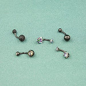 14G Belly Button Ring Stainless Steel Black Navel Ring for Women Clear Round Heart CZ Crystal Belly Bar Body Piercing Internally Threaded Barbell Belly Jewelry Black 5PCS (5PCS Belly Button Ring-Black)