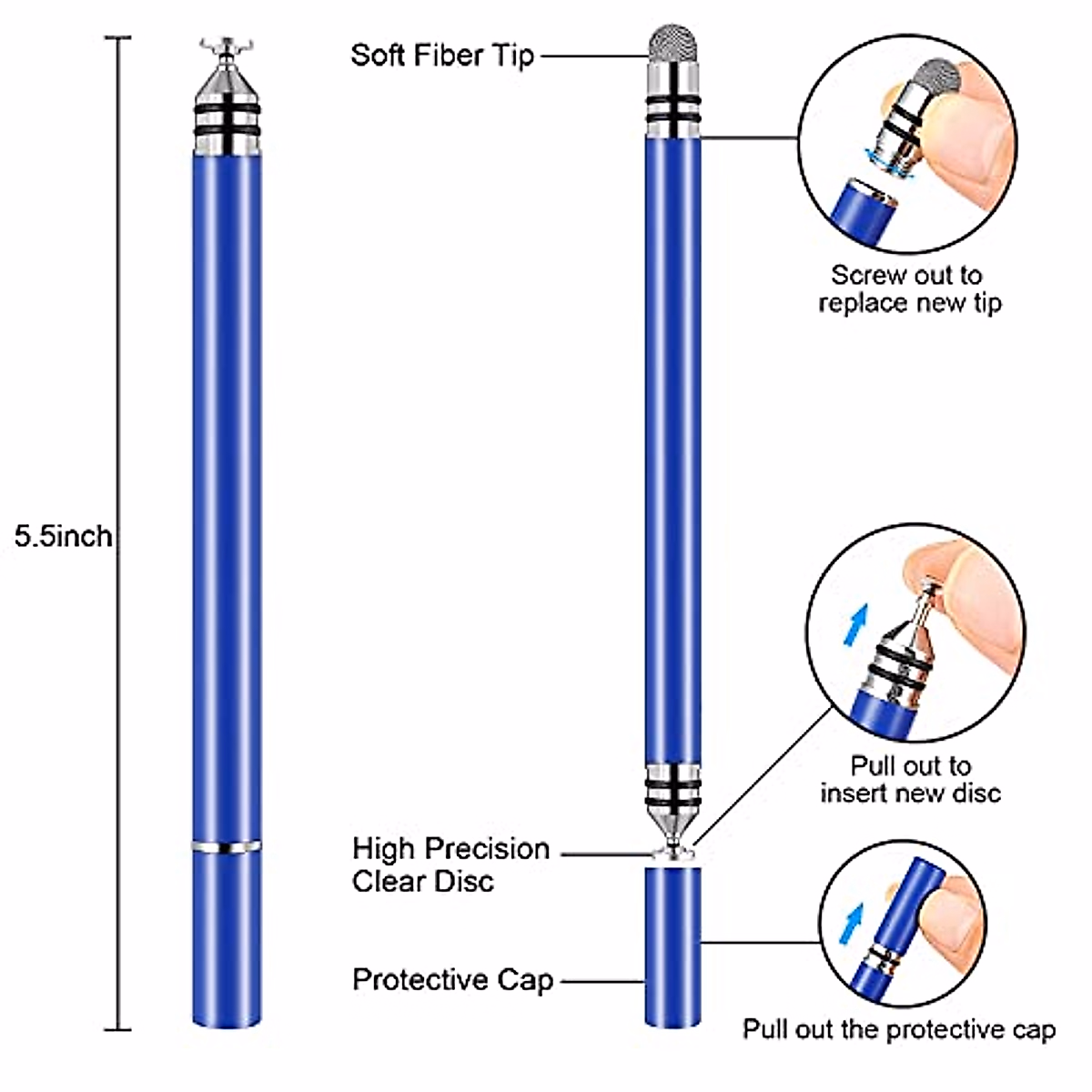 Modern Stylus Pens for Touch Screens Fine Point, 100% Stainless-Steel Fine Tip Stylus Pen, Stylist Pen for iPad, iPhone, Tablet, Laptop, Android, Samsung, Kindle with 7 Replacement Tips (Black/Blue)