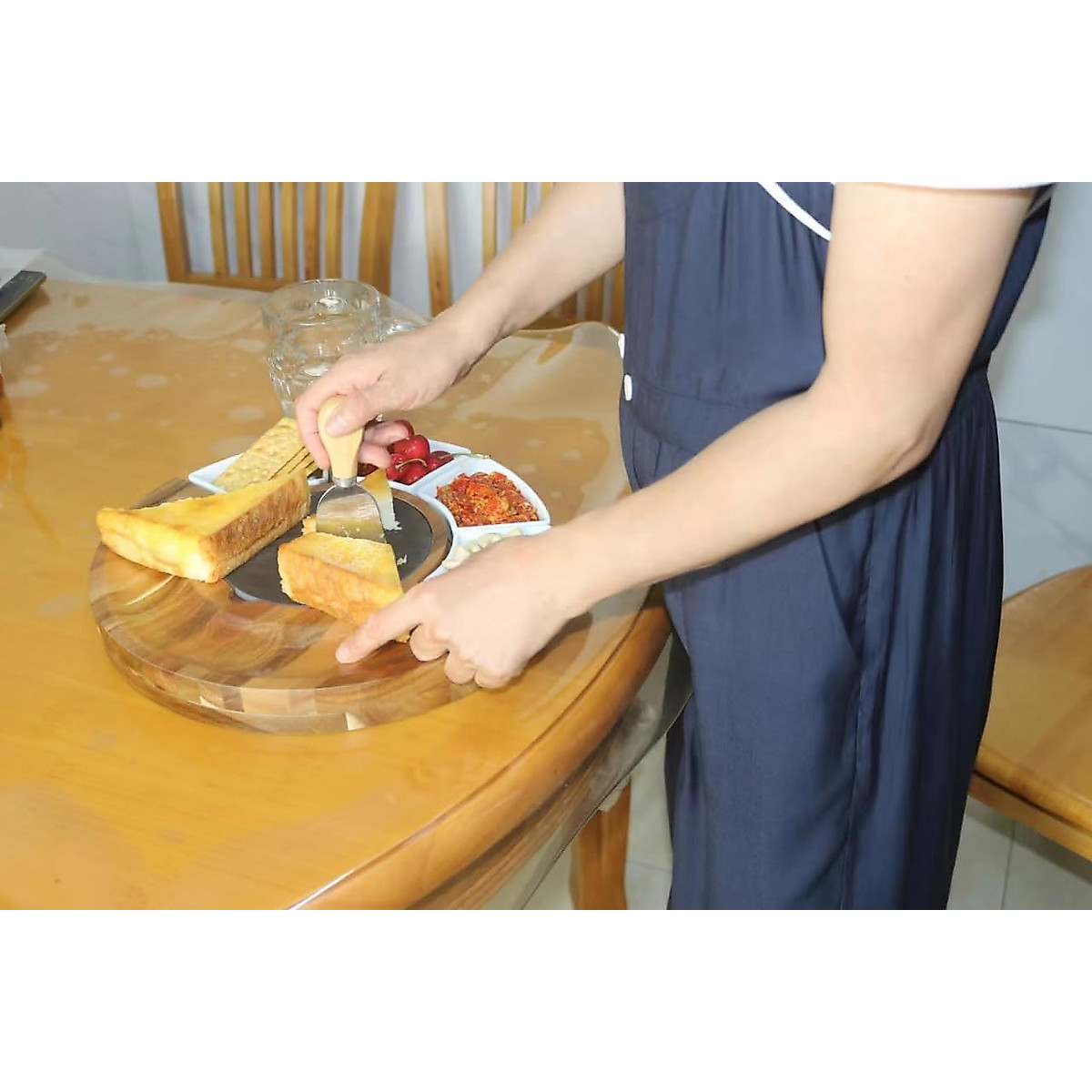 Acacia Wood Cheese Cutting Board Set - Charcuterie Board Set and Cheese Serving Platter with Utensil Set and Ceramic Bowls Slate Cheese Boards Perfect Meat/Cheese Board and Knife Set for Entertain