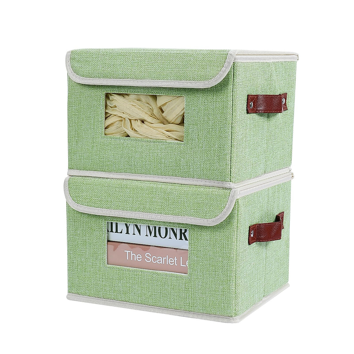 ANMINY 2 PCS Fabric Storage Bins with Lid PU Leather Handles Clear Window Washable PP Plastic Board Decorative Foldable Lidded Cotton Linen Storage Boxes Baskets Closet Organizer - Green, Small Size