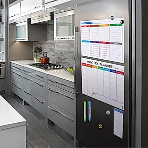 White Board Calendar Dry Erase - Monthly Calendar Whiteboard for Fridge, Weekly Magnetic Calendar for Refrigerator, Grocery List Magnet Pad for Family Planner Kitchen Schedule Board