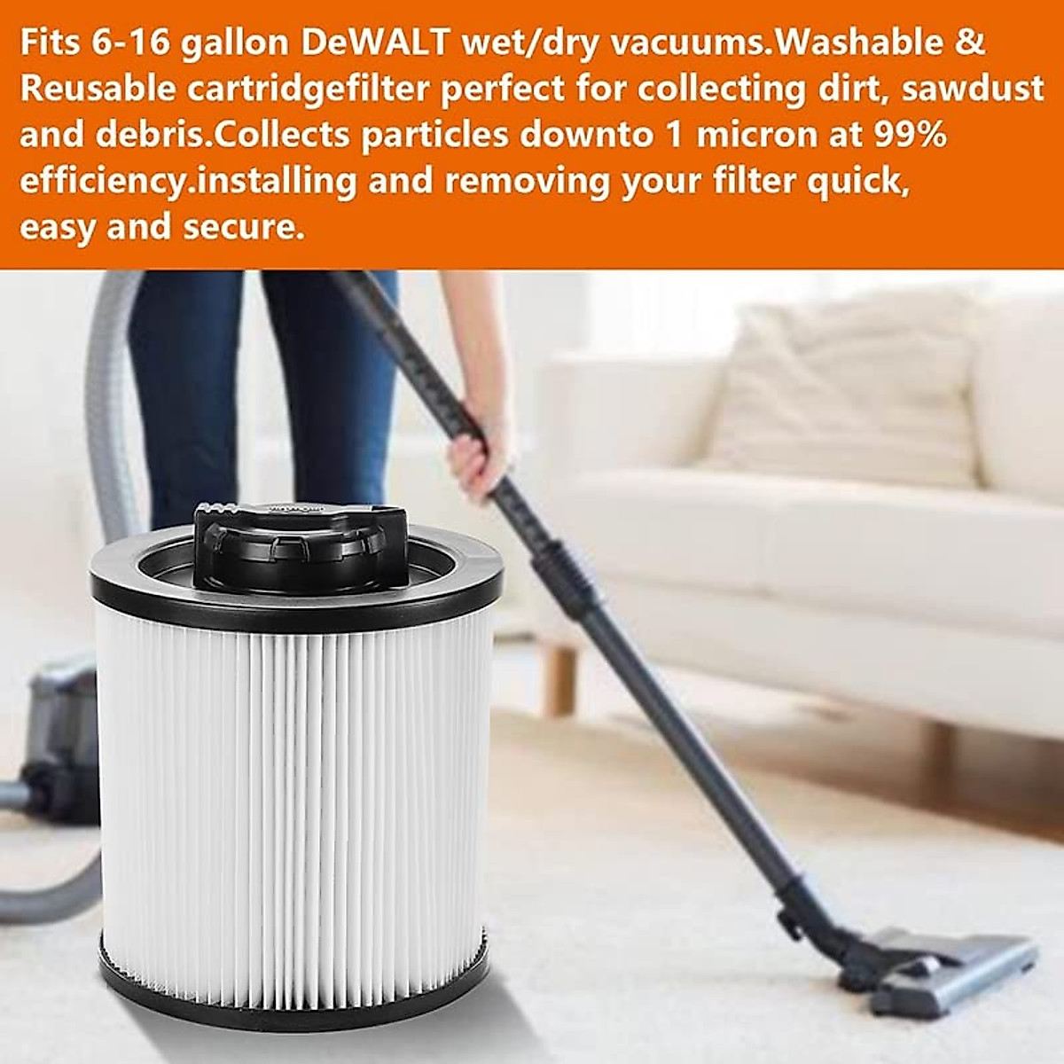 DXVC6910 HEPA Cartridge Filter Replacement Fit for DEWALT Wet/Dry Filter Vacuum Cleaners-Regular 6-16 Gallon, Compatible with DeWalt DXV06P DXV09P DXV10P DXV10PL DXV10SA DXV12P DXV14P DXV16P 2pcs