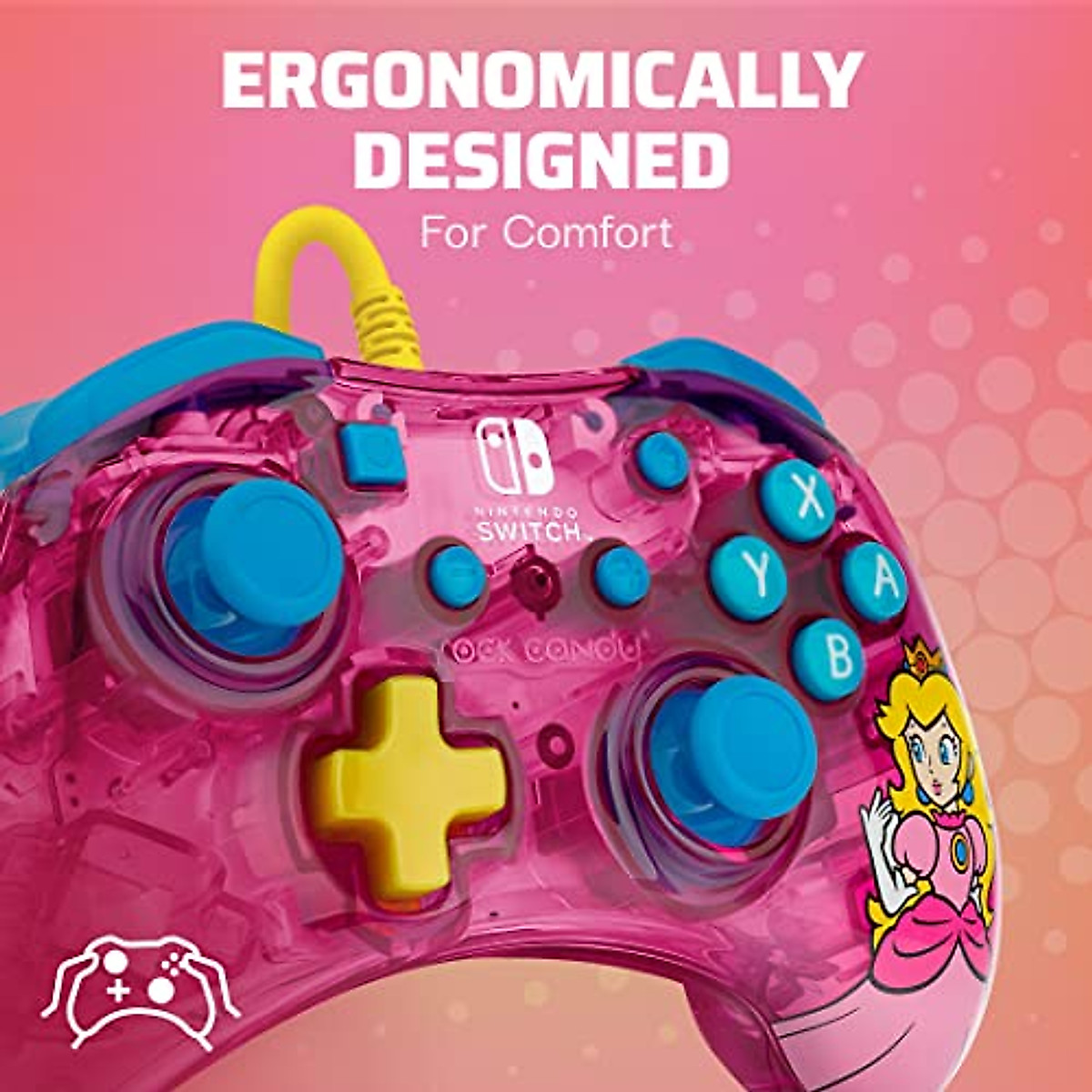 PDP Gaming Rock Candy Wired Power Nintendo Switch Pro Controller, Officially Licensed Lite/OLED Compatible Gamepad, Super Mario Brothers - Bubblegum Princess Peach (Pink)