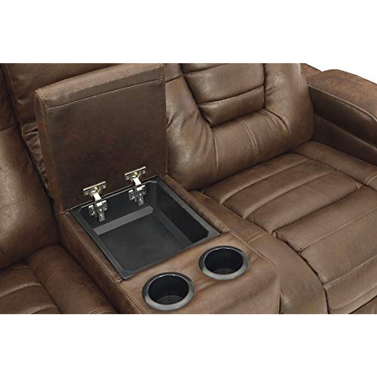 Signature Design by Ashley Owner's Box Faux Leather Power Reclining Loveseat with Center Console, Brown