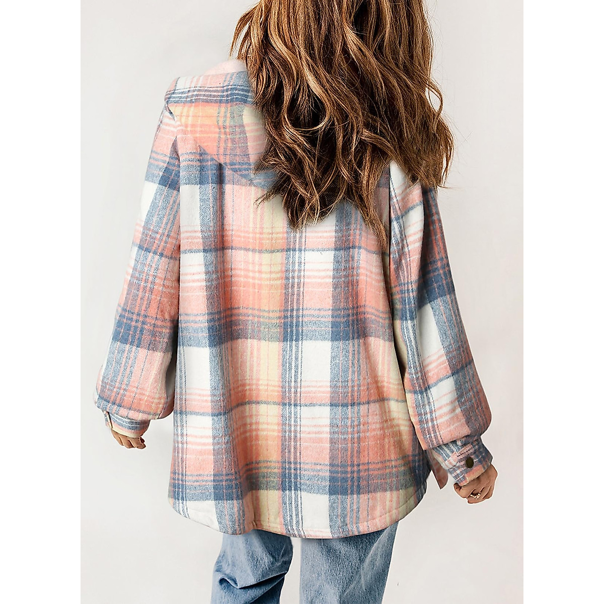 Dokotoo Fashion 2024 Winter Womens Ladies Plaid Shacket Jacket Women Sherpa Lined Fleece Fur Hooded Button Down Long sleeve Flannel Shirts Fluffy Warm Thick Oversized Outwear Coat with Pockets Pink M