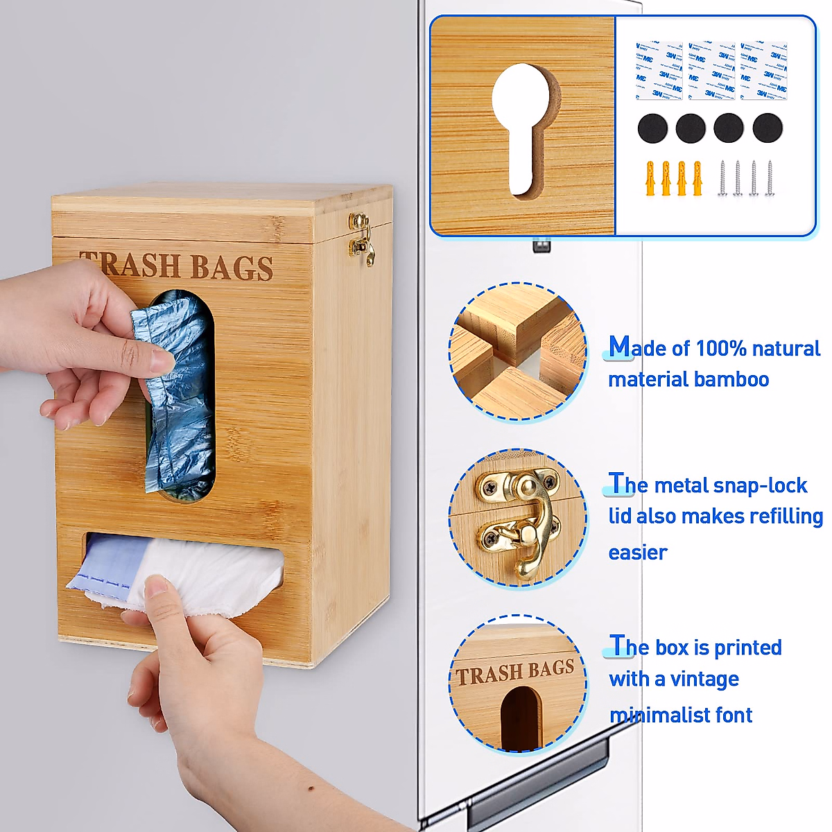 Jolensoy Trash Bag Holder Grocery Bag Holder Bamboo Garbage Bag Holder Wall Mounted Double Easy-Access Opening for Home Kitchen Cabinet Organization (Bamboo color)