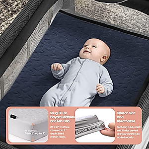 ACRABROS Pack and Play Sheets Fitted-2 Pack Waterproof Pack n Play Sheet,Mini Crib Mattress Pad Protector,Universal Fit Quilted Padded Ultra Soft, Gray & Navy Blue