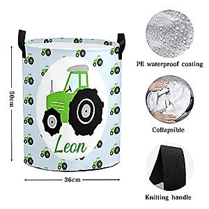 Custom Green Tractors Pattern Laundry Hamper Personalized Laundry Basket with Name Storage Basket with Handle for Bathroom Living Room Bedroom